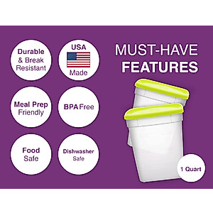 Arrow Home Products 1 Quart Freezer Food Storage Containers with Lids, 6 Pack - USA Made Reusable Freezer Containers for Food Storage - Prep, Store, Freeze - BPA Free, Dishwasher Safe, Durable