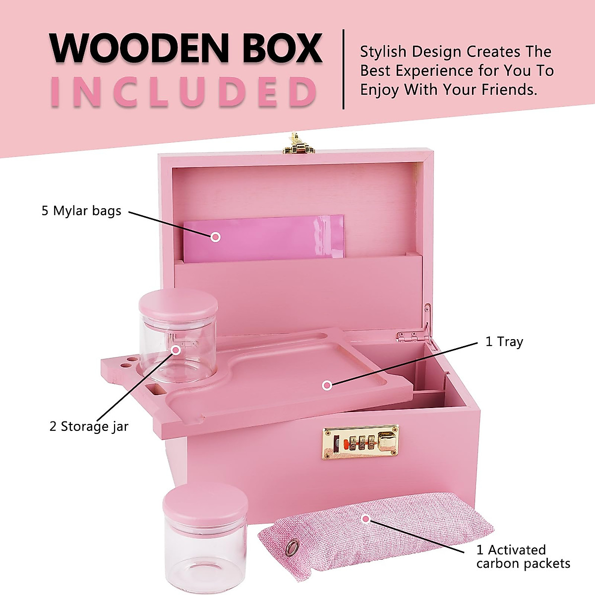 OZCHIN Large Bamboo Box with Combination Lock Decorative box for Home Great Gift Choice Storage Lockbox with Storage Jar, Tray, Resealable Bags and More