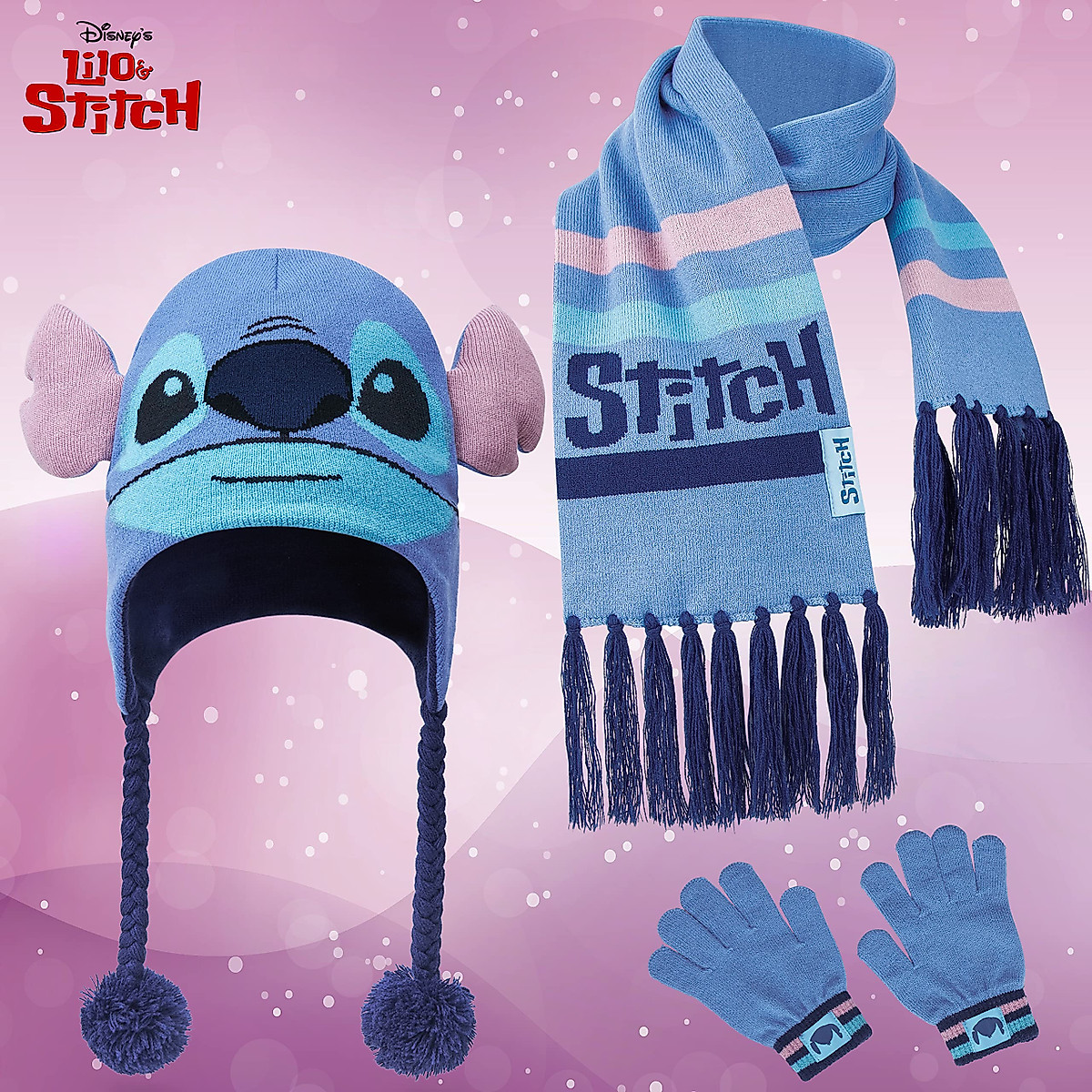 Disney Stitch Girls Beanie Scarf Teenagers Kids Gloves Winter Accessories Stitch Gifts, Different Sets to Choose (Blue Stitch 3 Pcs)
