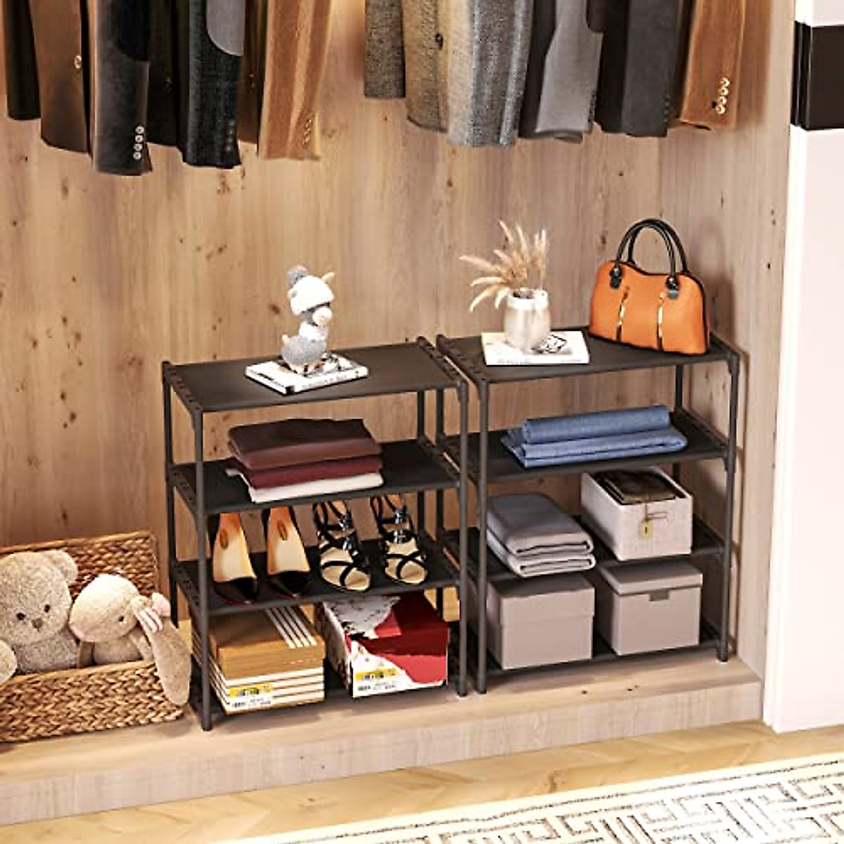 SHELAKET Stackable Small Shoe Rack，Upgrade 4-Tier Kids Shoe Shelf Storage Organizer for Entryway, Hallway and Closet (Black)