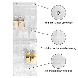 TidyMaster 1 Pack 24 Clear Crystal Pockets Large Hanging Shoe Organizer Over The Door Shoe Rack for Closet Door Storage Shoe Holder Hanger, 3 Hooks, White (64'' x 18.5'')