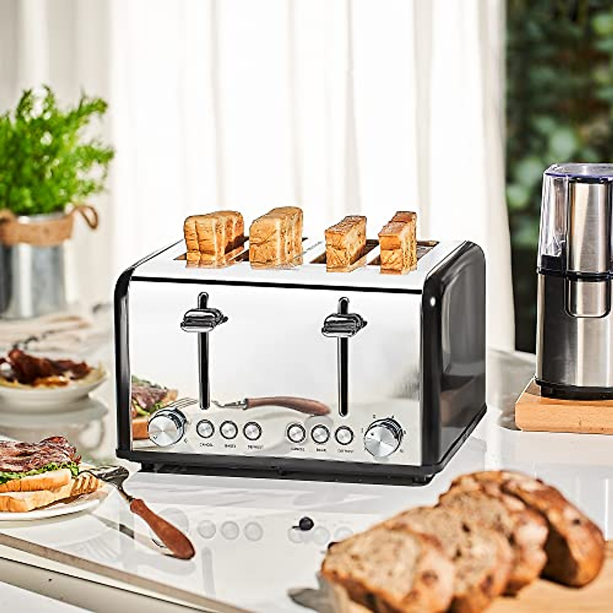 REDMOND Toaster 4 Slice Stainless Steel, Wide Slots 4 Slice Toaster with Bagel Defrost Cancel Function 6 Bread Shade Settings for Bread waffles Auto Shutoff Black