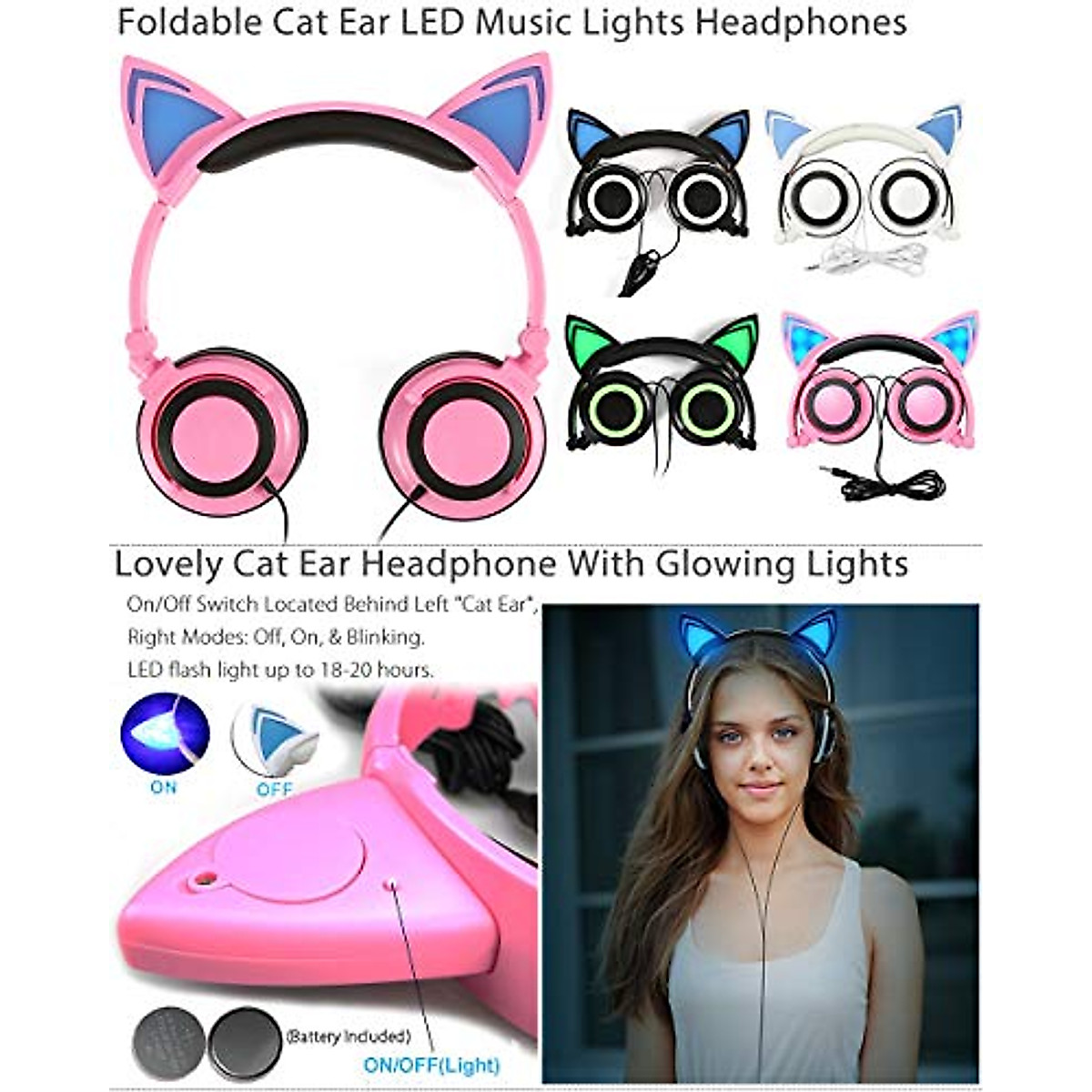 Wired Over-Ear Foldable Headphones Cat Ear Earphones with LED Light for Girls,Children.Compatible for Mp3 Mp4 Player,iPhone 6S,Android Phone.
