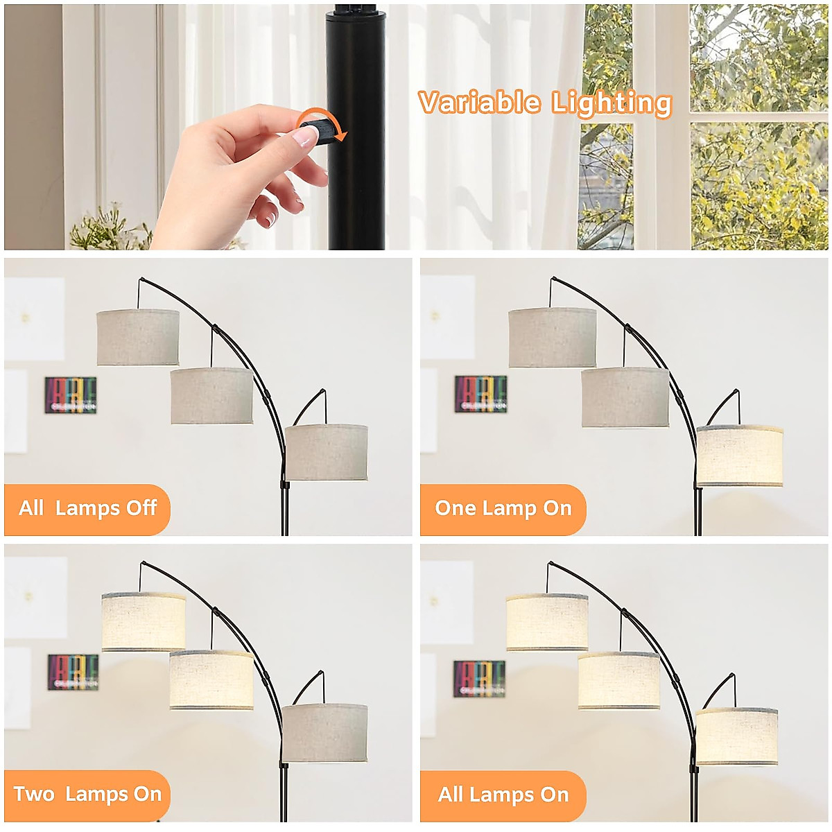 Arc Floor Lamp for Living Room,Modern Mid Century Multi-Tree Floor Lamp with Heavy Base for Bedroom Office,3-Light Dimmable Floor Lamp with Adjustable Hanging Oatmeal Shades and 3 LED Bulbs