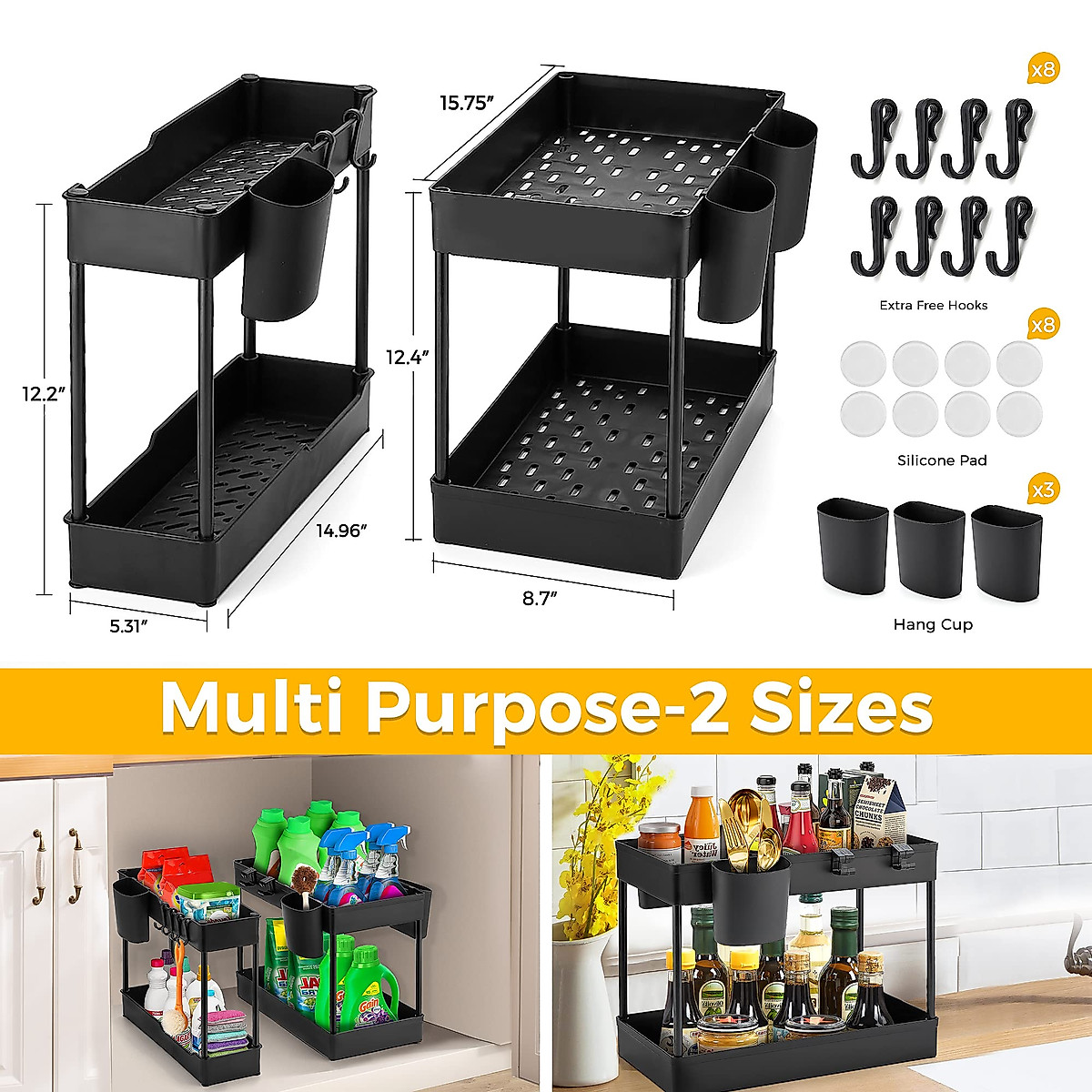 Under Sink Organizers and Storage, 2 Tier Under Sink Organizer with 8 Hooks, Under the Sink Organizer Kitchen, Cabinet Organizers and Storage for Bathroom Kitchen Cabinet Organizer (Black,2 Pack)