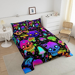 Feelyou Halloween Bedding Set Kids Sugar Skull Comforter Set Mushroom Comforter for Room Decor Lightweight Fluorescent Style Duvet Set with 1 Pillow Case