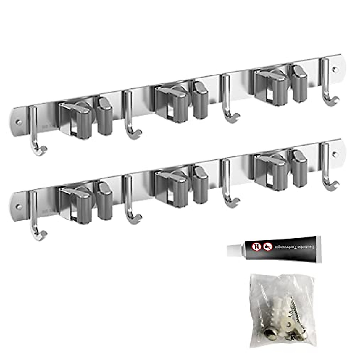 dsfen 2 Pcs Broom Holder Wall Mount Stainless Steel Mop Holder Broom Hanger Heavy Duty Broom Holder for Laundry Room Garden Garage Bathroom (3 Racks 4 Hooks)