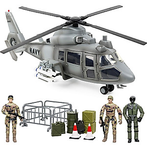 Click N' Play Military Aerial Rocket Helicopter 24 Piece Playset with Accessories - Great Army Toys Action Figures for Kids and Boys Ages 4-7 8 - 12 | Model Vehicle Helicopter Silver