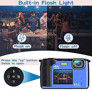 Digital Camera with WiFi 4K 64MP Vlogging Camera for Photography with Dual Screens Point and Shoot Camera with 32GB SD Card, 16X Zoom Compact Camera for Beginners-Blue3