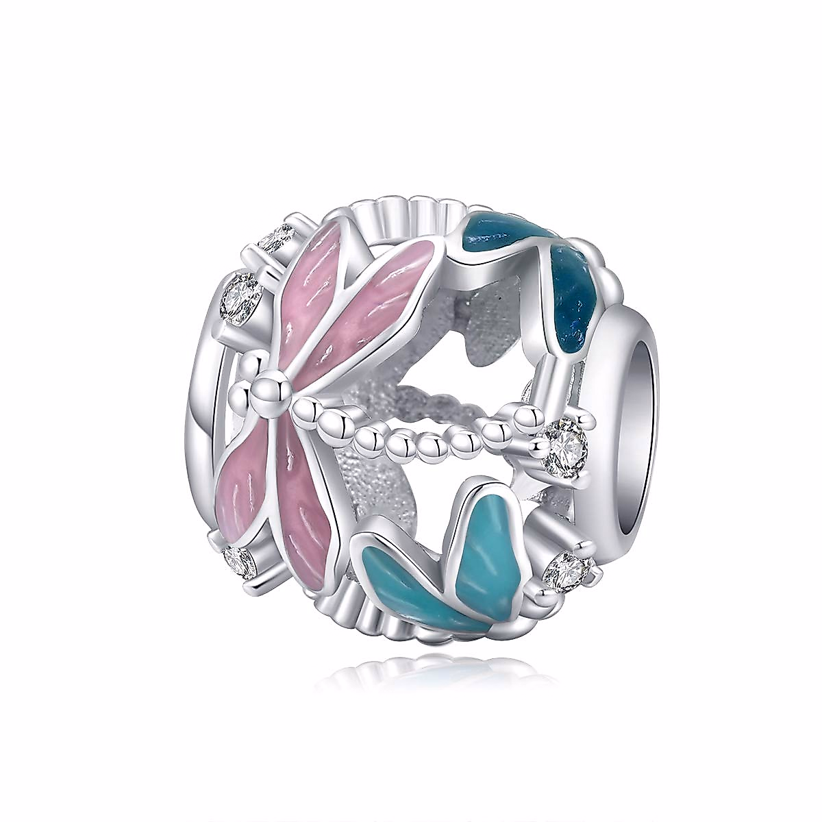 MEETCCY Pink Glass Bead Cat Charm 925 Sterling Silver Birthday Charms Bird Mermaid Unicorn Animal Charm For Women Bracelets (Dragonfly Charms)