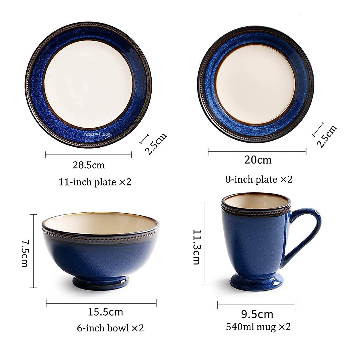 Ceramics Dinnerware Sets, Plates, Bowls and Mugs | 8 Pieces Kiln Glaze Dinner Sets - Indigo Porcelain Combination Set for Restaurant Family Party Christmas