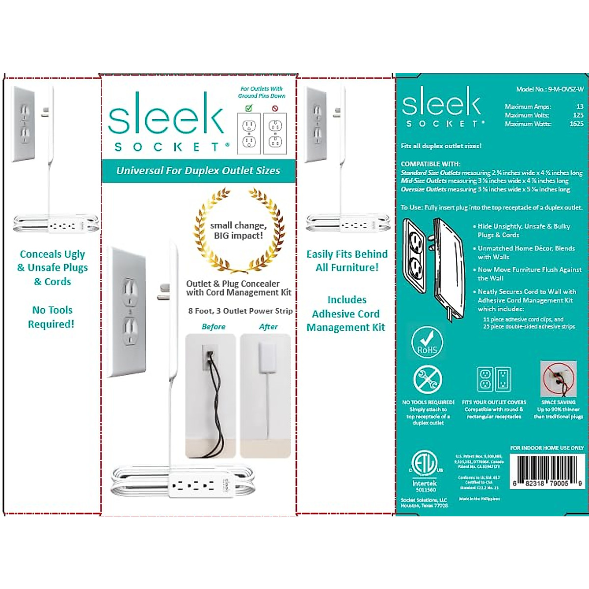 Sleek Socket - The Original & Patented Ultra-Thin Outlet Concealer with Cord Concealer Kit, 3 Outlet Power Strip, 8-Foot Cord, Universal Size, UL Certified (Ideal for Livingrooms & Bedrooms)