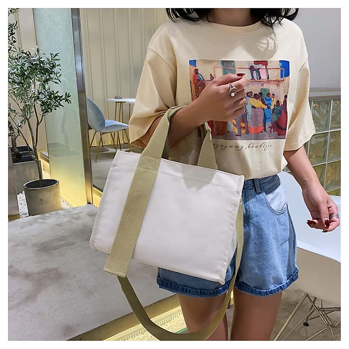 Women's Large Canvas Tote Bag Simple Shoulder Shopping Bag Solid Color Commuter Fashion Postman Tote Bag(Beige)