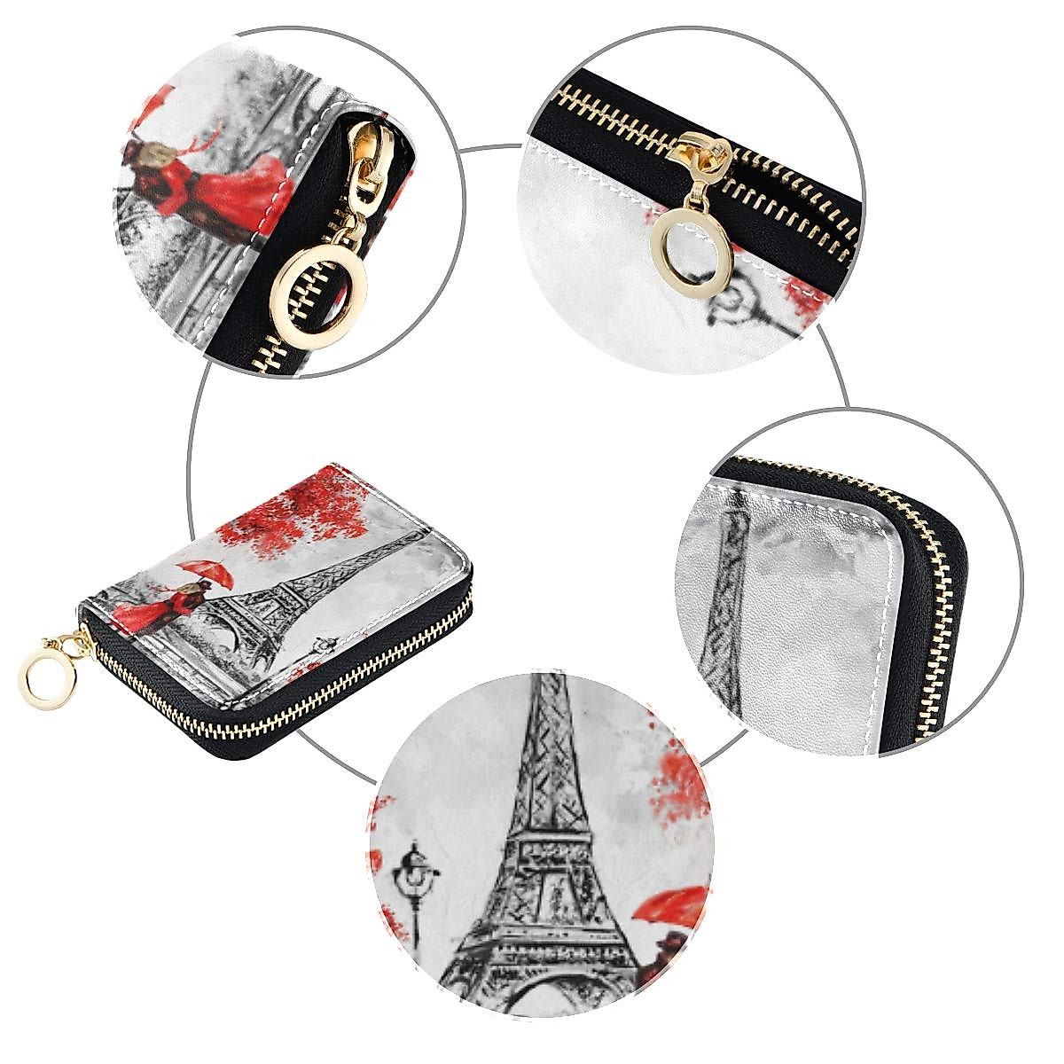 MOYYO RFID Credit Card Holder Case Oil Painting Paris Eiffel Tower Leather Printed Zipper Card Case Wallet for Women Girls