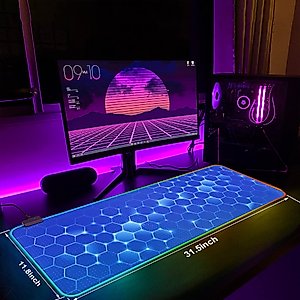 SIMEEGO RGB Gaming Mouse Pad, Led Mouse Pad with 14 Lighting Mods Large Sized Soft mousepad, Waterproof, Low Friction Hard Surface Keyboard Mouse Mat for Gaming and Work -31.5×11.8 (Honeycomb Hexagon)