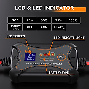 10A MPPT Solar Charge Controller 12V, PowMr 10 Amp 12 Volt Solar Panel Regulator with Digital LCD Display, Solar Intelligent Controller for 12V Lead-Acid, LiFePO4, Lithium Batteries