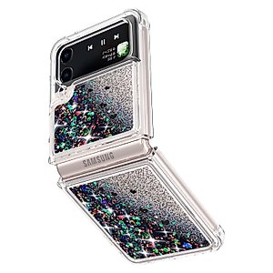 Fcclss Cell Phone Case for Samsung Galaxy Z Flip 4 Case, Samsung Z Flip 4 Case Glitter Sparkle Quicksand Flowing Floating Liquid Case Heavy Duty Shockproof for Women Girls Men, Black