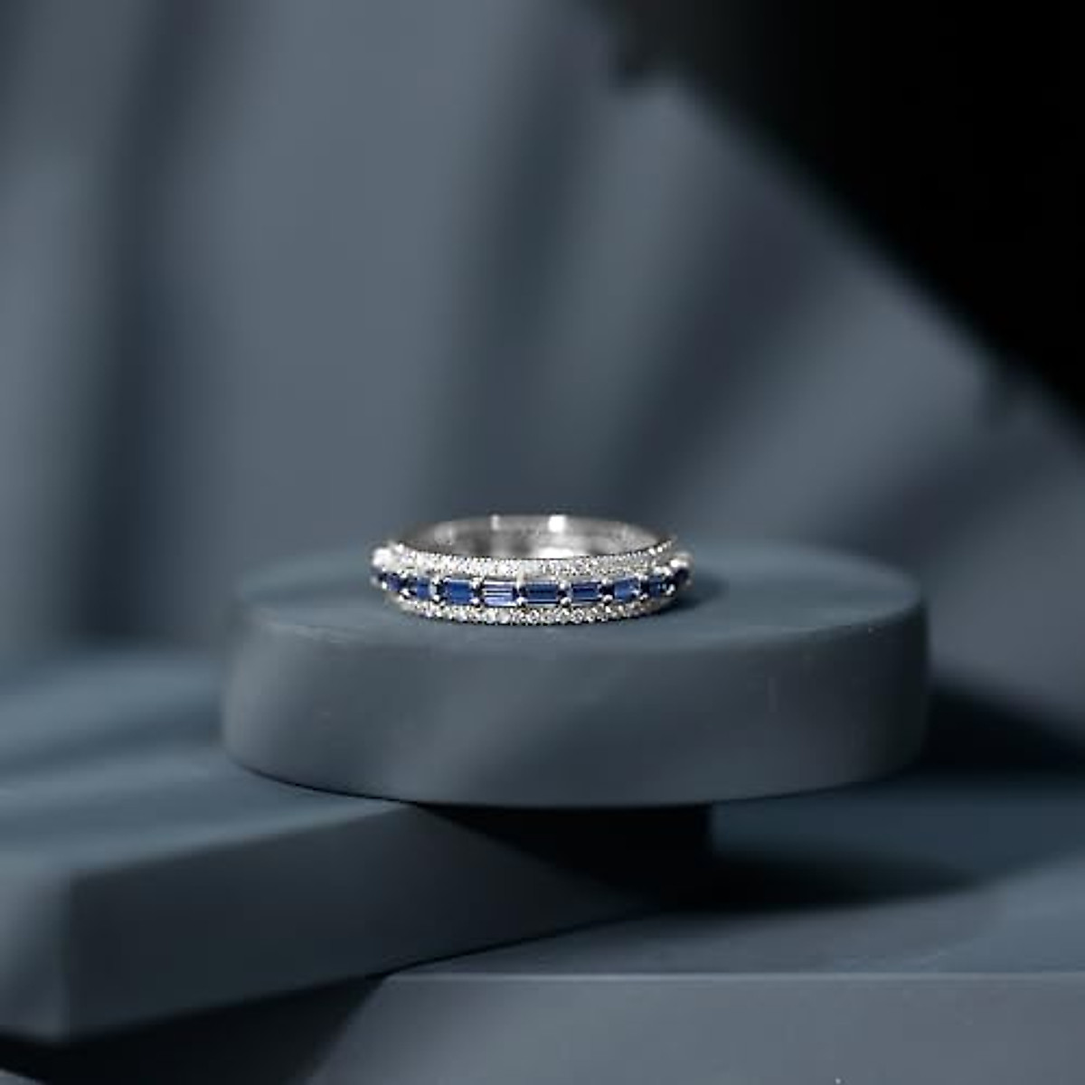 Rosec Jewels Certified Lab Grown Blue Sapphire Eternity Band Ring, Sapphire Diamond Band, Wedding Anniversary Ring, 14K White Gold, Size:US 10.50