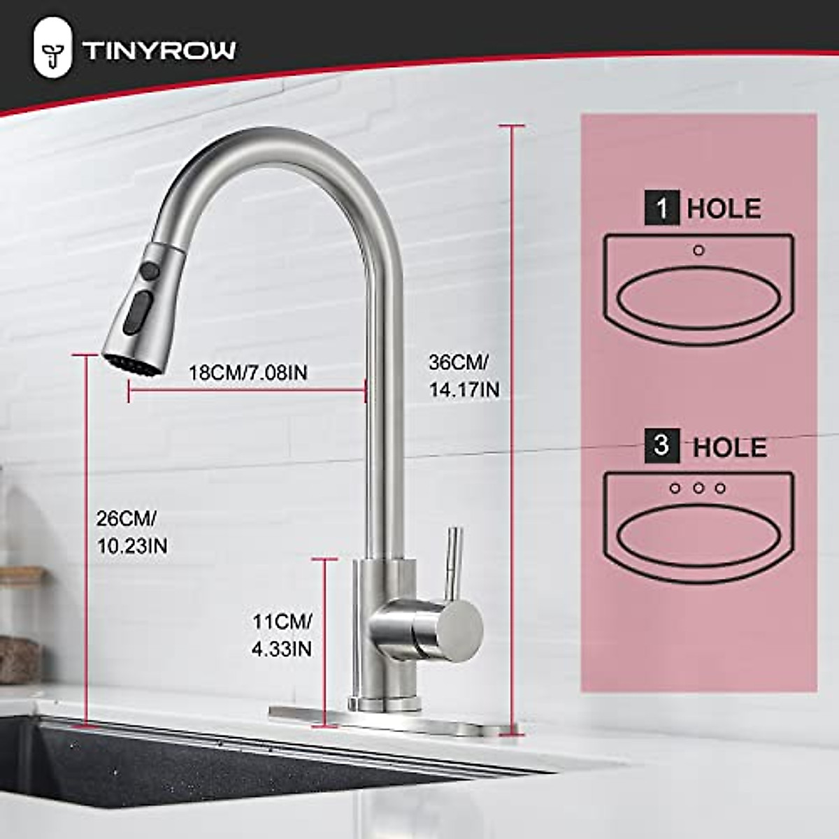 TINYROW Kitchen Faucet with Pull Down Sprayer Kitchen Sink Faucet Brushed Nickel, Single Handle Stainless Steel Kitchen Sink Faucets