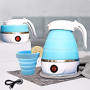 Travel Kettle Foldable Electric Travel Tea Kettle Food Grade Silicone Collapsible Water Boiler for Coffee Tea etc,Easy for Storage with Separable Power Cord and Handle Boil Dry Protection (blue)