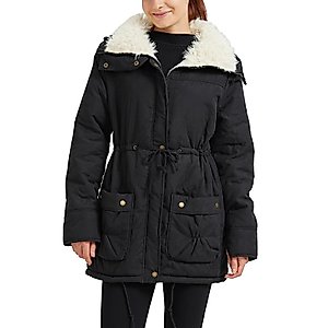 MEWOW Women's Winter Mid Length Thick Warm Faux Lamb Wool Lined Jacket Coat (XL, Black)