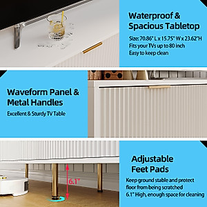 Furnicare Mid Century Modern TV Stand for 80 Inch TV, Entertainment Center Wood TV Stand with 4 Large Drawers, TV Console Table Media Cabinet with Storage for Living Room Bedroom, Warm White