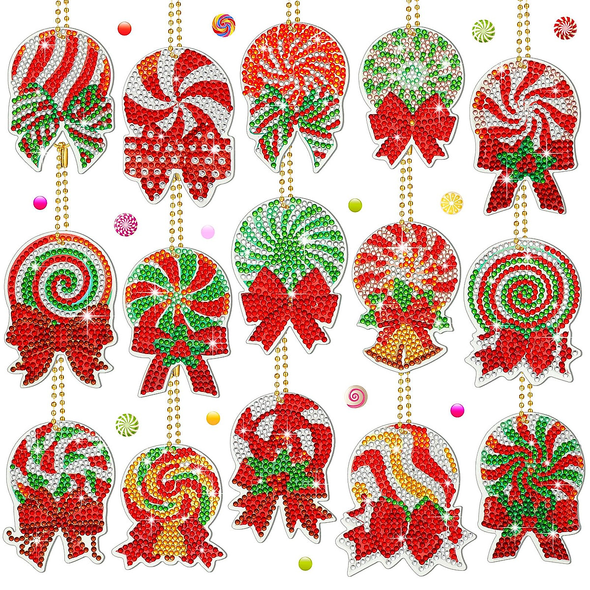 15 Pieces Christmas Diamond Painting Keychain Diamond Painting Ornaments 5D DIY Diamond Painting Keychain Hot Cocoa Christmas Diamond Art Ornaments for Kids Christmas DIY Crafts (Candy)