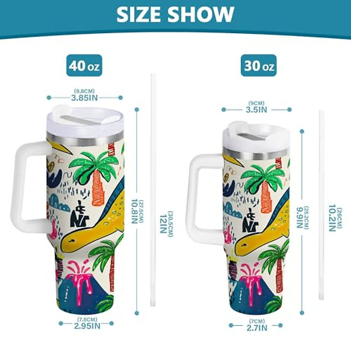 RPLIFE Cute Colorful Dinosaurs Coffee Tumbler with Handle, Stainless Steel Mug, Straw Water Bottle