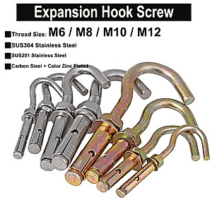 Expansion Screw, Stainless steel expansion bolts, screws, screws,Expansion Bolts M6 M8 M10 M12 Wall Mounted Expansion Hook Screw Lifting Eye Bolt Open Anchor Hook (Color : SUS201, Thread Diameter : M1