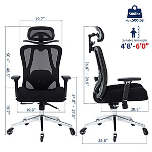 Office Chair 500lbs Ergonomic Mesh Desk Chair for Heavy People, Heavy Duty Office Chair with Wide Thick Seat Cushion, 4D Armrest, Adjustable Headrest & Lumbar Support Computer Chair