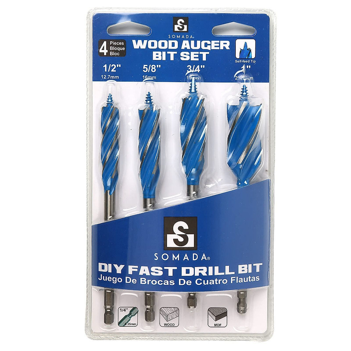 SOMADA Auger Drill Bit Set for Wood, 4-Piece, 1/2", 5/8", 3/4" and 1" Inch Size, 6-Inch Long Impact Wood Auger Set with Quick Change hex Shank