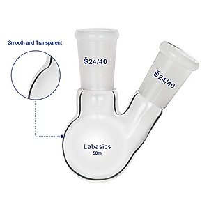Labasics Glass 50ml 2 Neck Round Bottom Flask RBF, with 24/40 Center and Side Standard Taper Outer Joint, 50ml