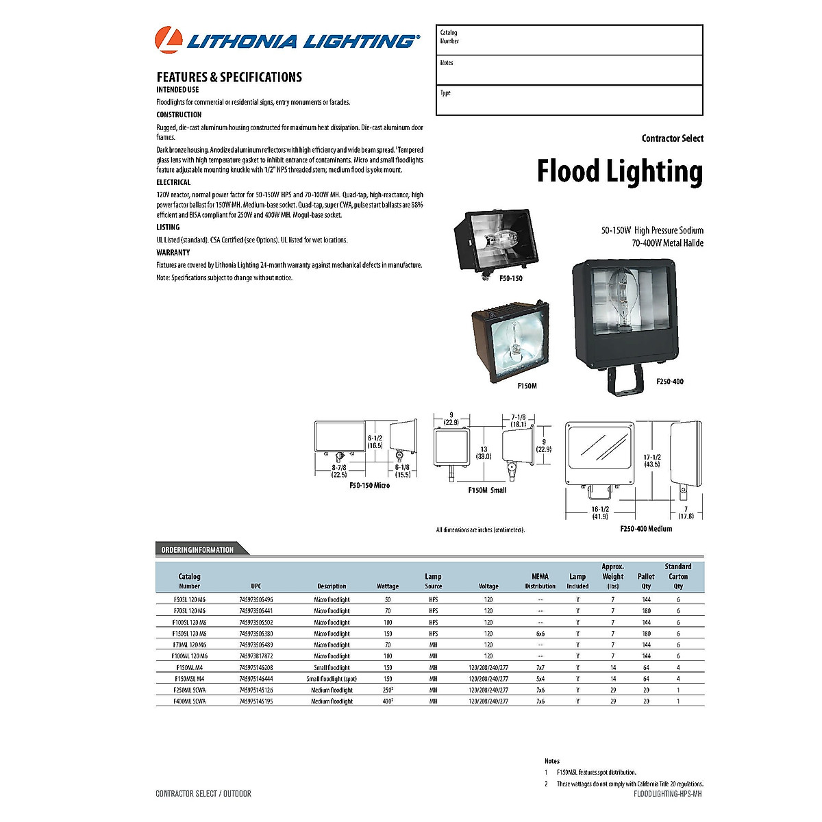 Lithonia Lighting F150SL 120 M6 1 Lamp 150W High Pressure Sodium Flood Light, Bronze