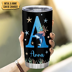 Hyturtle Personalized Gifts Shark Lover - Shark Printed Customized Name Stainless Steel Tumbler 20 oz With Lid - Idea Cute Sea Animal Lover Gifts For Women, Girl kids On Birthday, Christmas