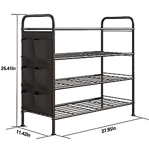SORCEDAS Shoe Rack 4 Tier Black Wide Metal Storage Organizer Shelf with Removable Side Pockets for Closet, Entryway,Garage, Bedroom, Cloakroom (Black, 4 Tier)