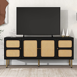 Bellemave Boho style TV Stand with Rattan Door, Woven Media Console Table for TVs Up to 70”, Country Style Design Side Board with Gold Metal Base for Living Room（Black）