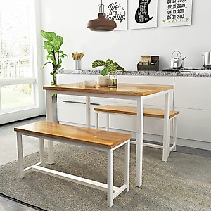 AWQM Dining Room Table Set, Kitchen Table Set with 2 Benches, Ideal for Home, Kitchen and Dining Room, Breakfast Table of 47.2x28.7x28.7 inches, Benches of 41.3x11.8x17.7 inches, Beige