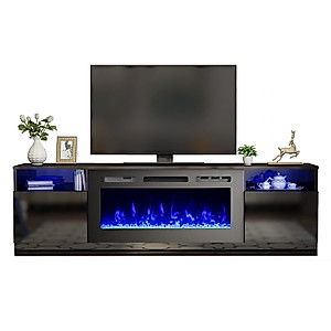 EROMMY 70'' Fireplace TV Stand with 36'' Electric Fireplace, Entertainment Center with 16 Color Led Lights and 12 Flame Fireplace Insert Heater, TV Console for TVs up to 80'' for Living Room, Black