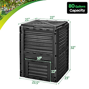 Goplus Compost Bin, 80 Gallon (300 L) Large Outdoor Composting Box w/Top Flip Latch-on Lid, Bottom Exit Door, BPA Free Material, Grass Food Trash Composter Barrel for Garden Yard (Black)