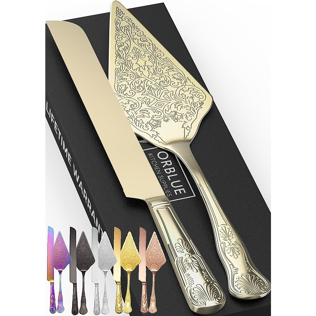 Orblue Wedding Cake Knife and Server Set - Premium, Beautifully Engraved Cutting Set - Elegant Keepsake for Newlyweds - Light Gold