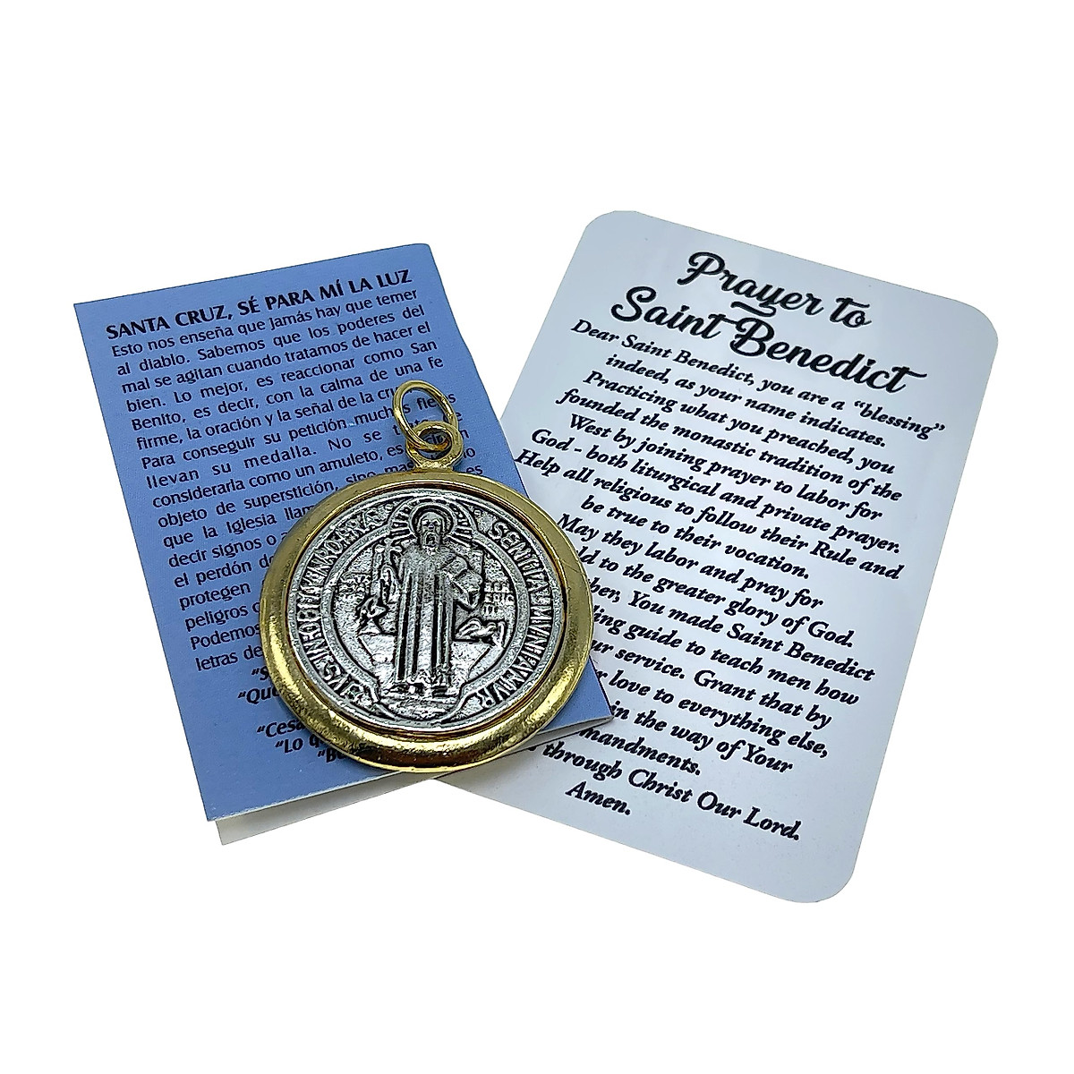 hand made St Benedict Jubilee Exorcism Medal 1.5 inch Two Tone with Prayer Card/MRT/Medal Pendant/medalla de San Benito en Dos tonos con tarjetita de oracion