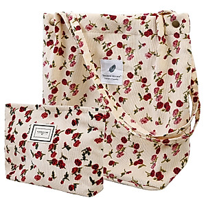 Corduroy Tote Bag for Women,Travel Reusable Grocery Shopping Shoulder Bag with Inner Pocket for Work Beach Travel and Shopping Grocery(Beige, Rose)