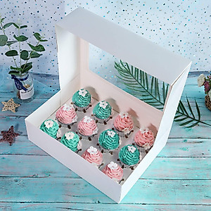 ONE MORE 15-Pack White Cupcake Boxes 12 Holders Cake Carrier Food Grade Pop-up Bakery Boxes 13.8 x 9.5 x 4inch with Inserts and PVC Windows Fits 12 Cavity Cupcake Pack of 15