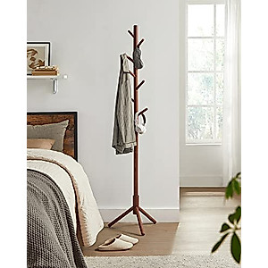VASAGLE Solid Wood Coat Rack, Free Standing Coat Rack, Tree-Shaped Coat Rack with 8 Hooks, 3 Height Options, for Clothes, Hats, Bags, for Living Room, Bedroom, Home Office, Dark Walnut URCR04WN