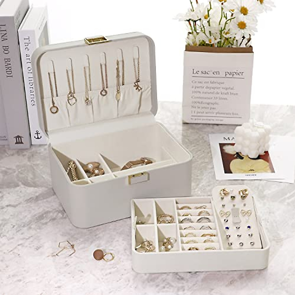 KAMIER Jewelry Organizer,2 Layer Jewelry Organizer Box for Earrings Bracelets Rings Necklaces,Luxury Leather & Soft Velvet Lined,Gift Box Packaging,Gray