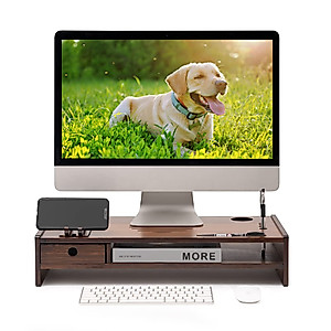 EGGREE Wood Monitor Stand Riser,Desktop Organizer with One Drawer Storage,Walnut Monitor Stand for Computer Laptop