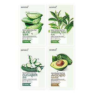 EUNYUL [PACK OF 10] Natural Sheet Mask Pack 10 types Korean Skincare Facial Mask Pack Aloe, Collagen, Pearl, Hyaluron, Avocado, Pomegranate, Vitamin, Blueberry, Green Tea, Cucumber