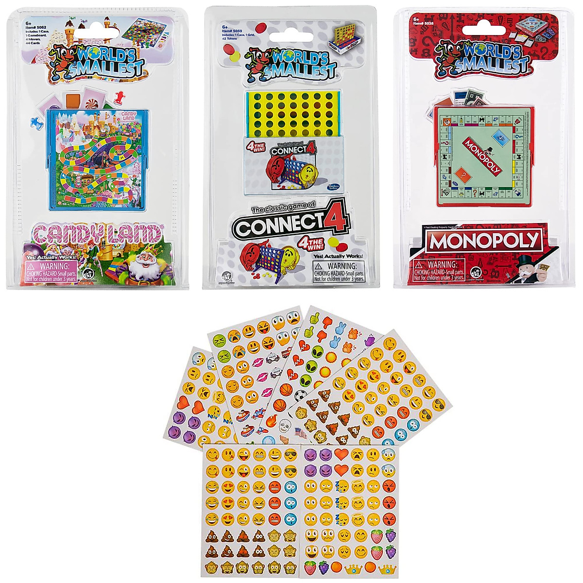 Worlds Smallest Games Bundle Set of 3 Candy Land - Connect 4 - Monopoly - Plus Emoji Sticker Set
