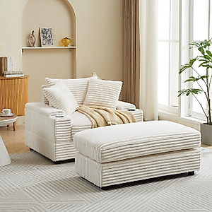 amervanito 43.3 Inch Corduroy Lounge Chair with a Back Pillow, 2 toss Pillows, a Ottoman,2storage Spaces and Cup-Holding Grooves Comfy Sofa- Deep Seat Couch for Living Room,Grey (Beige)