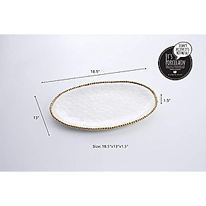 Pampa Bay Porcelain Large Oval Thanksgiving, Christmas, Hannukah, and Holiday and Party Serving Platter (White and Gold)